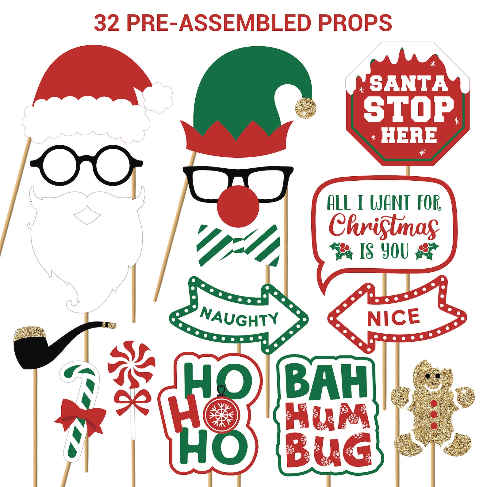 Christmas Photo Booth Props FULLY ASSEMBLED Red, Green, and Gold Real ...