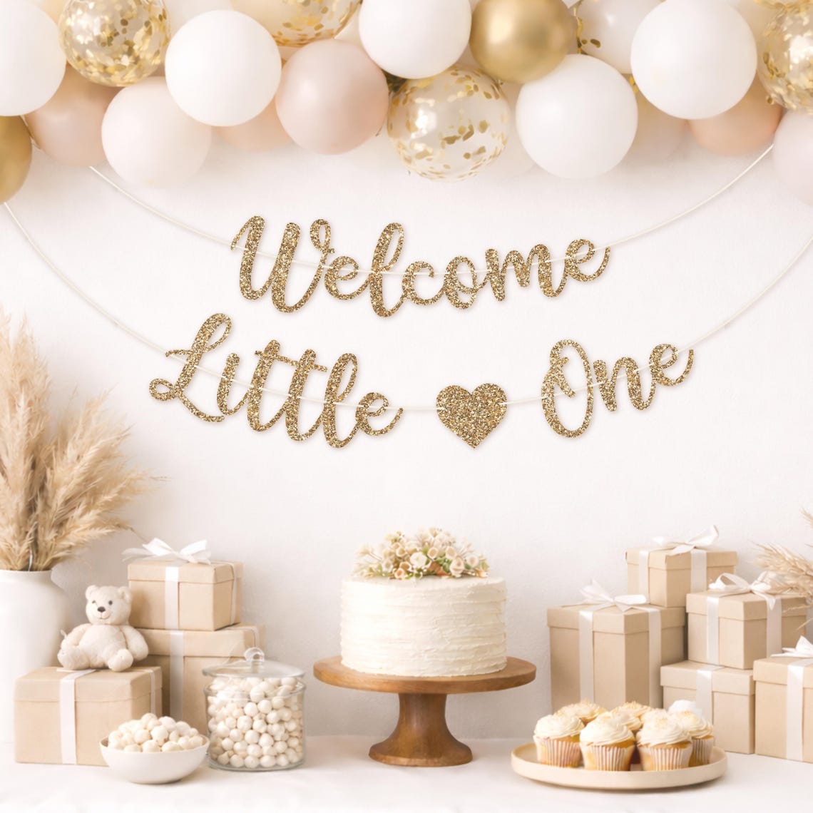 Welcome Little One Banner - NO DIY - Gold Glitter Baby Shower Gender ...