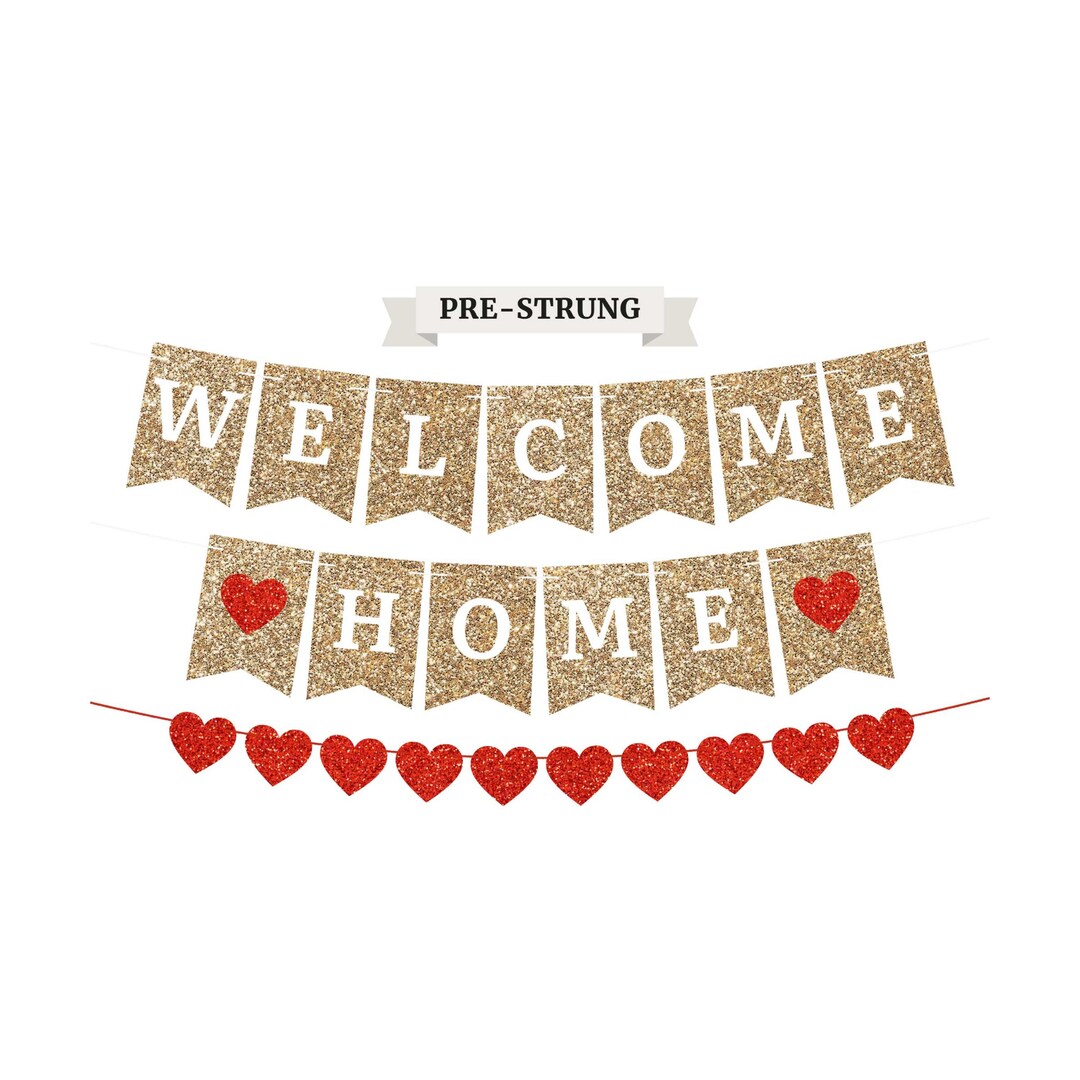 Pre-strung Welcome Home Banner With Red Hearts - NO DIY - Gold & Red ...