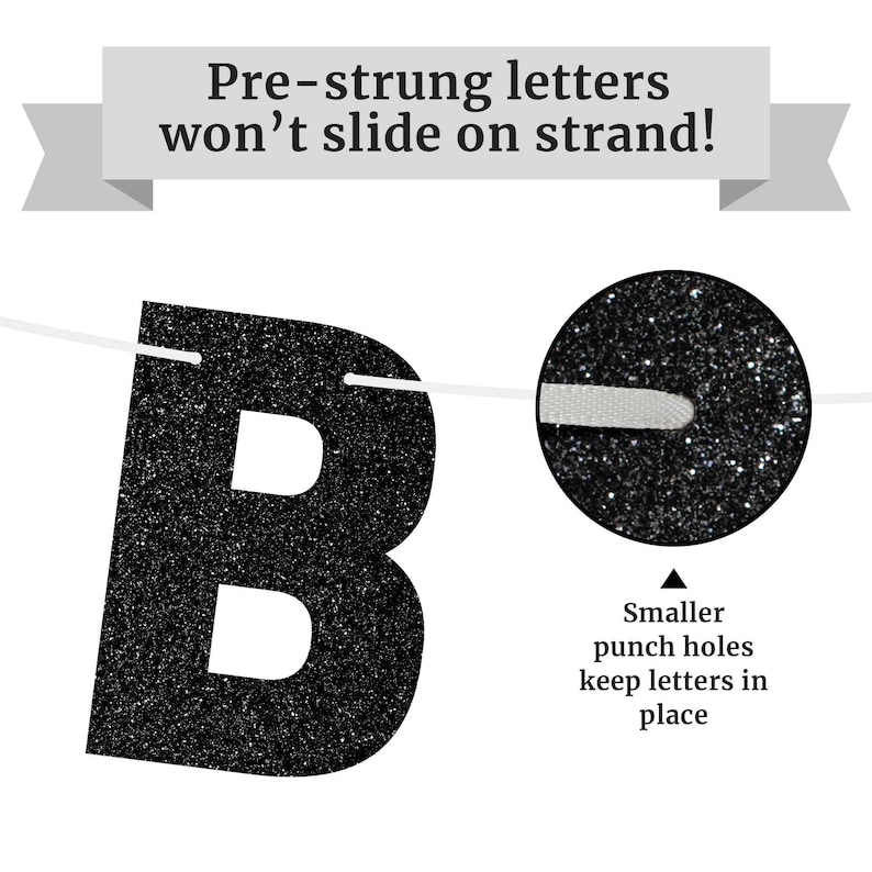 Pre-strung Happy Birthday Banner - NO DIY - Black Glitter Birthday ...