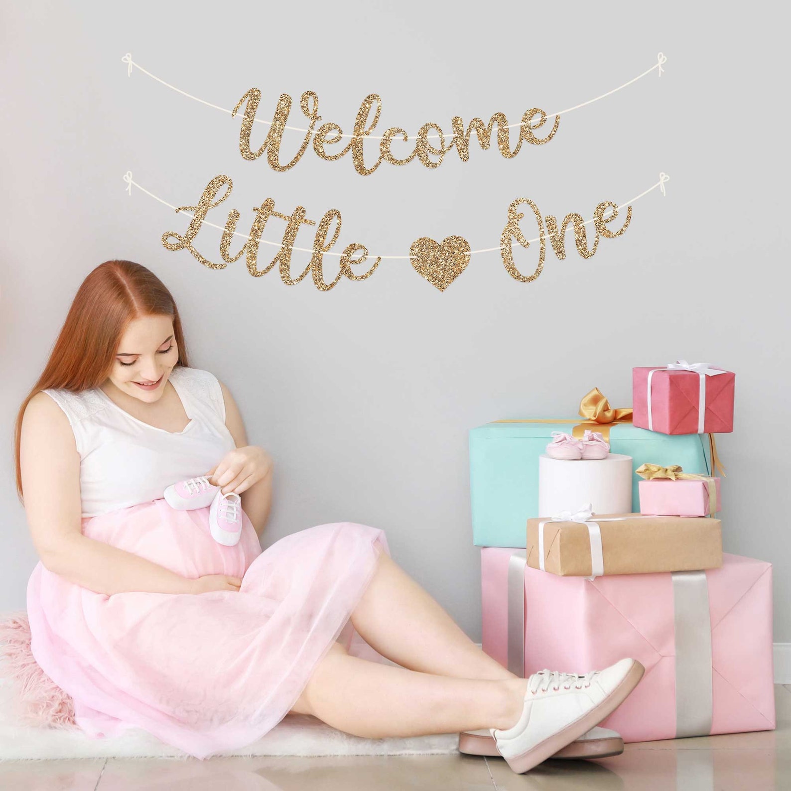 Welcome Little One Banner - NO DIY - Gold Glitter Baby Shower Gender ...