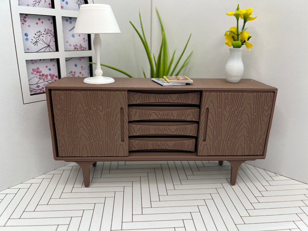 MCM Wood Grain Cabinet With Sliding Doors and Drawers Modern Sleek and ...