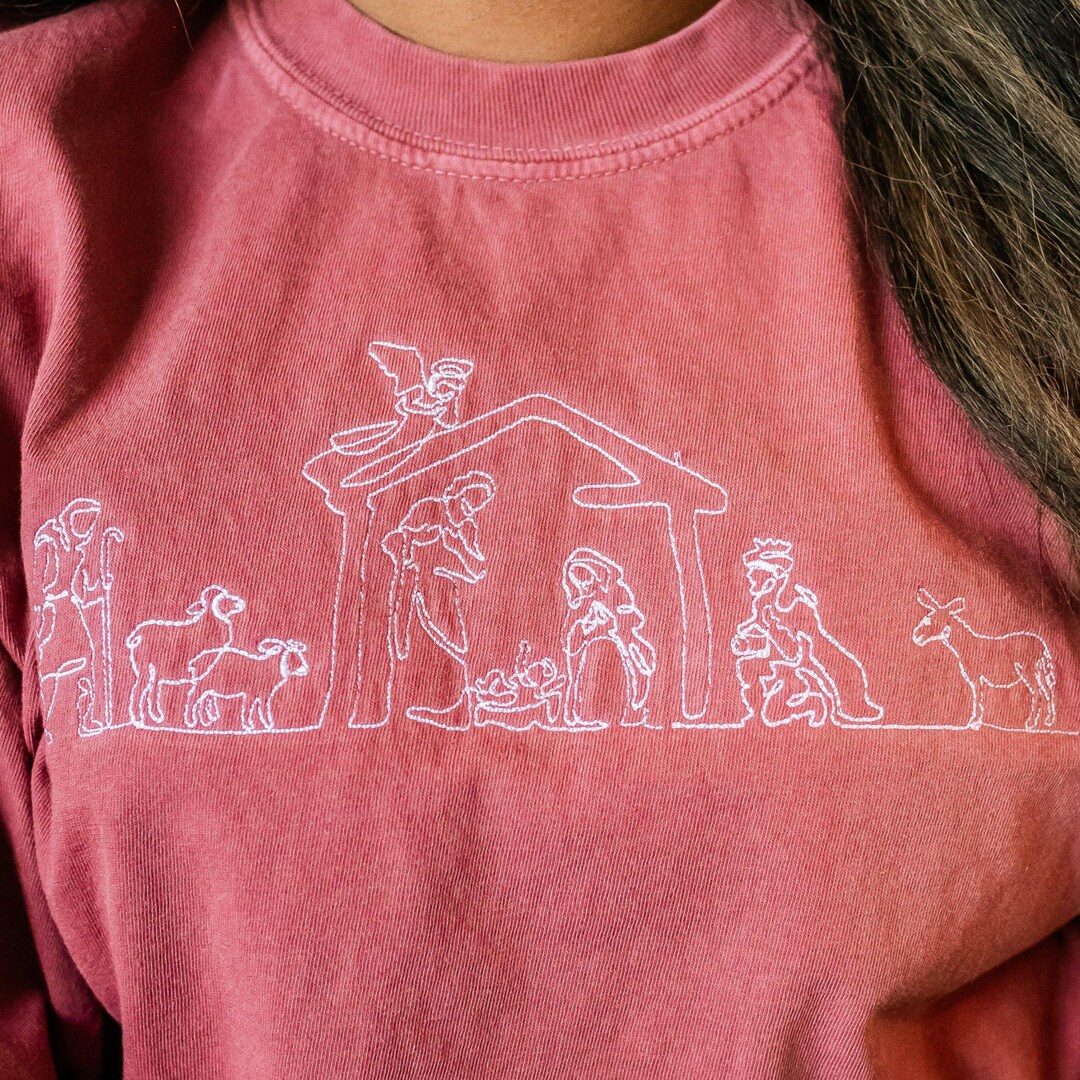 Embroidered Nativity Scene Comfort Colors Tee Religious Holiday Holiday ...