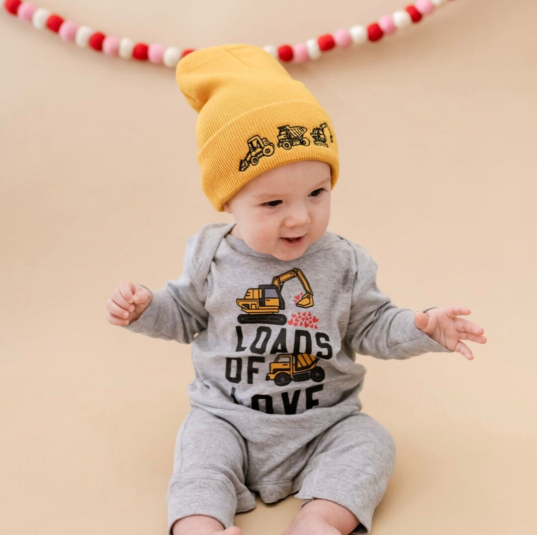 Child Beanie - 3 Construction Trucks - Mustard W/ Black | Construction ...