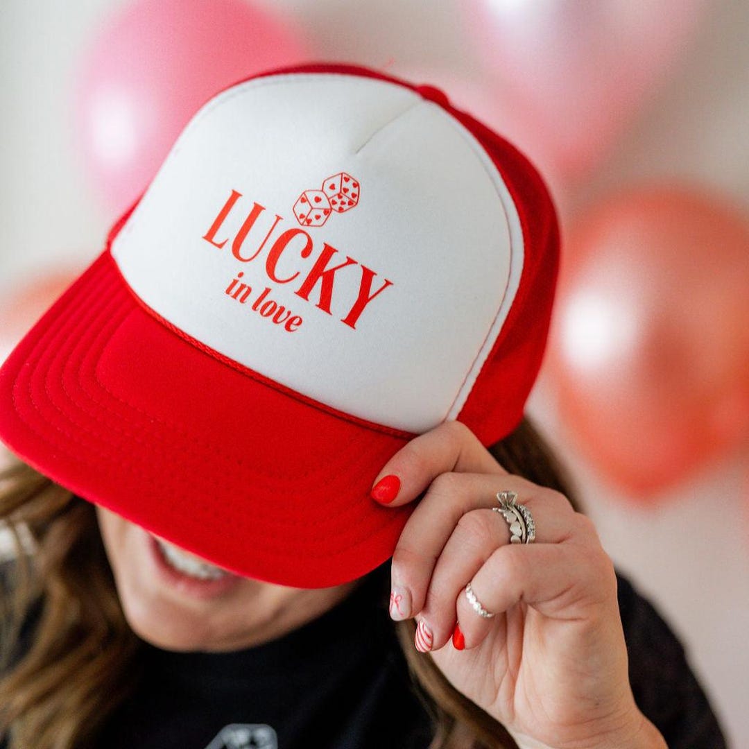 Red/white Trucker Hat - Lucky in Love | Valentine's Day Hat | Valentine ...