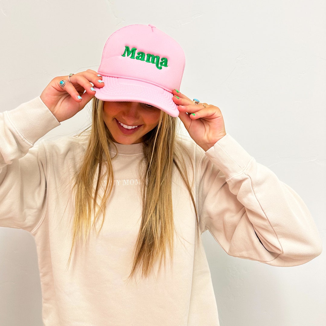 Pink Trucker W/ Green Embroidery - Mama | Hats for Moms | Gift for Mom ...