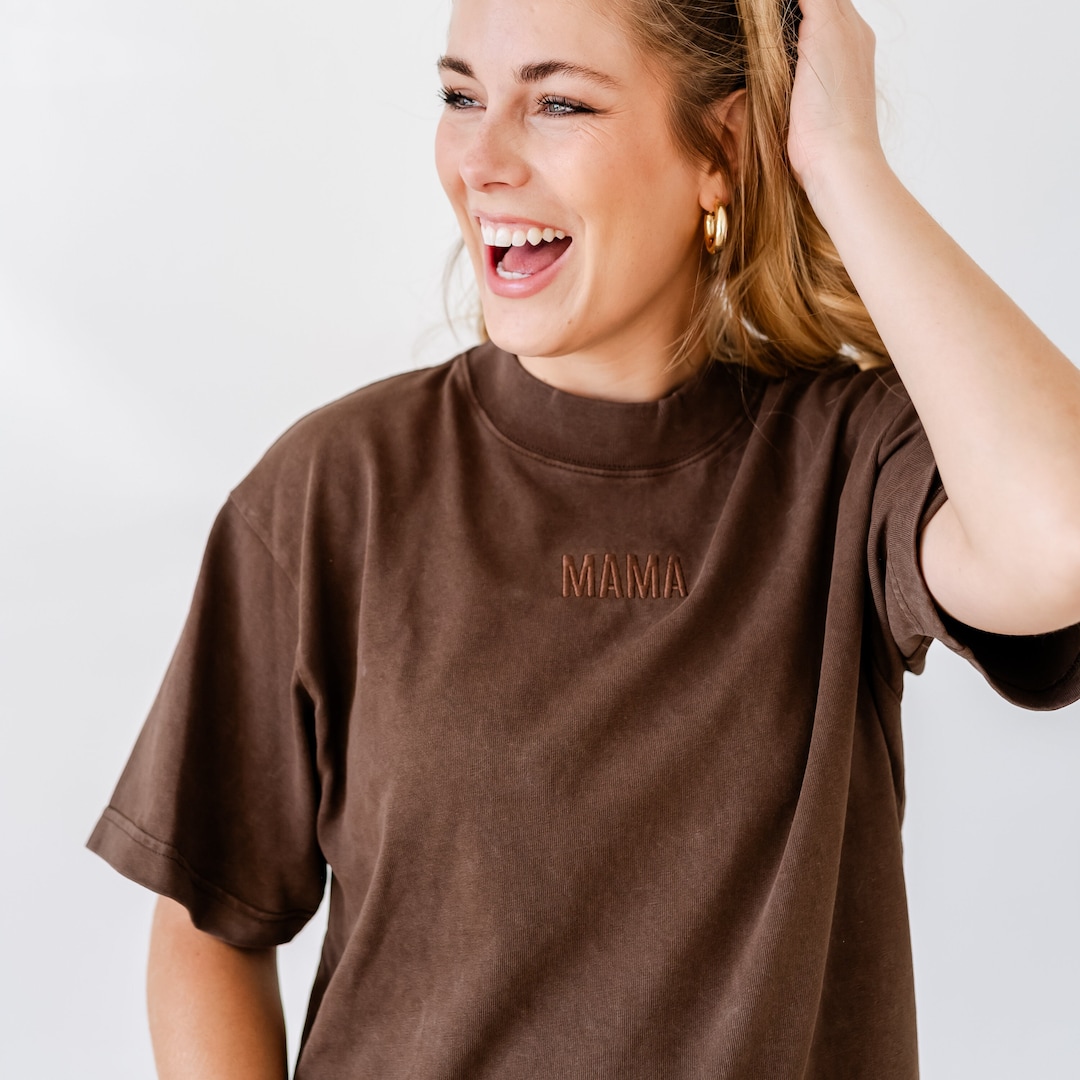 Essential Heavyweight MAMA Tee - Mocha - Tone on Tone Embroidered | Mom ...