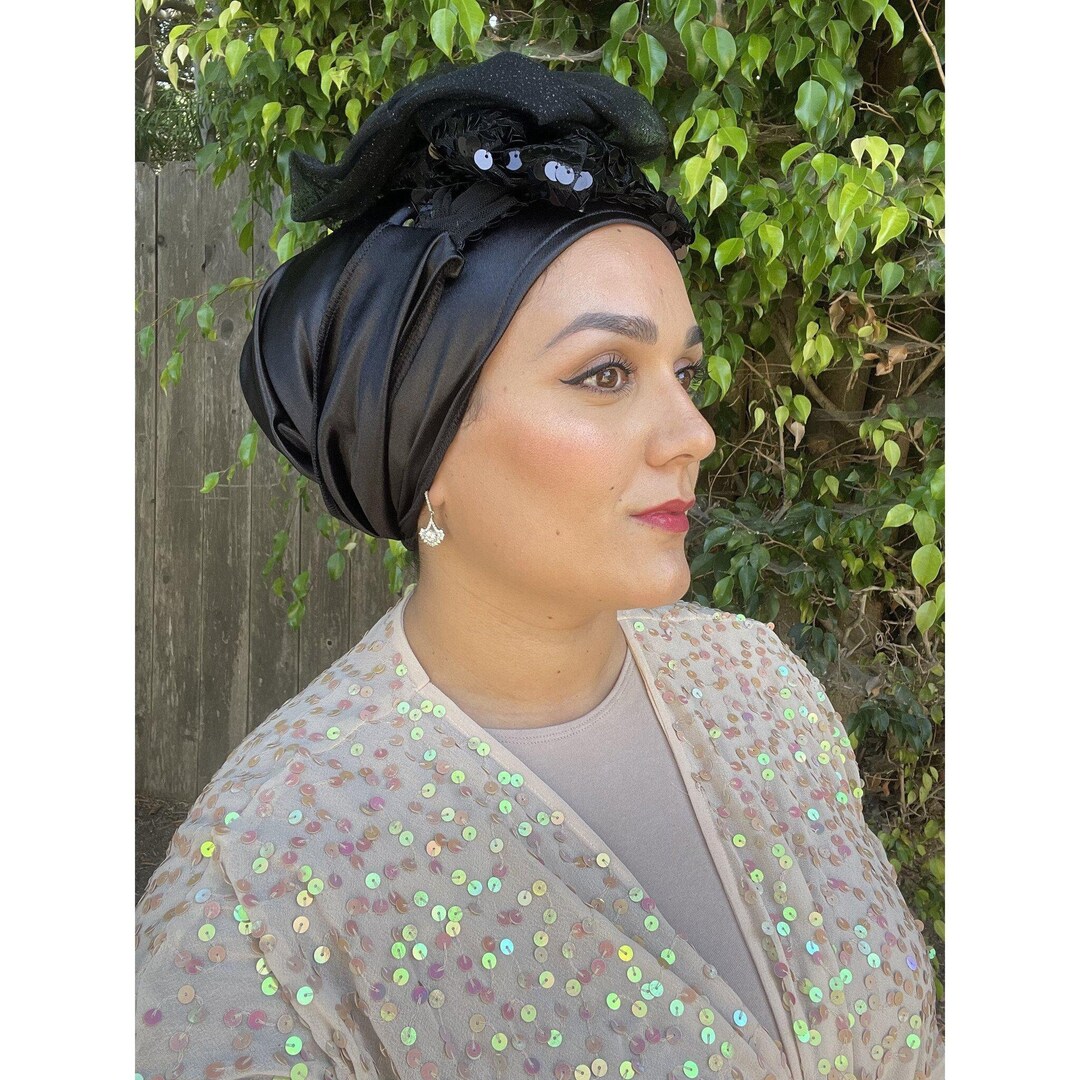 Elegant Triangle Headwrap, Black, Satin, Sequins and Tulle, Fancy ...