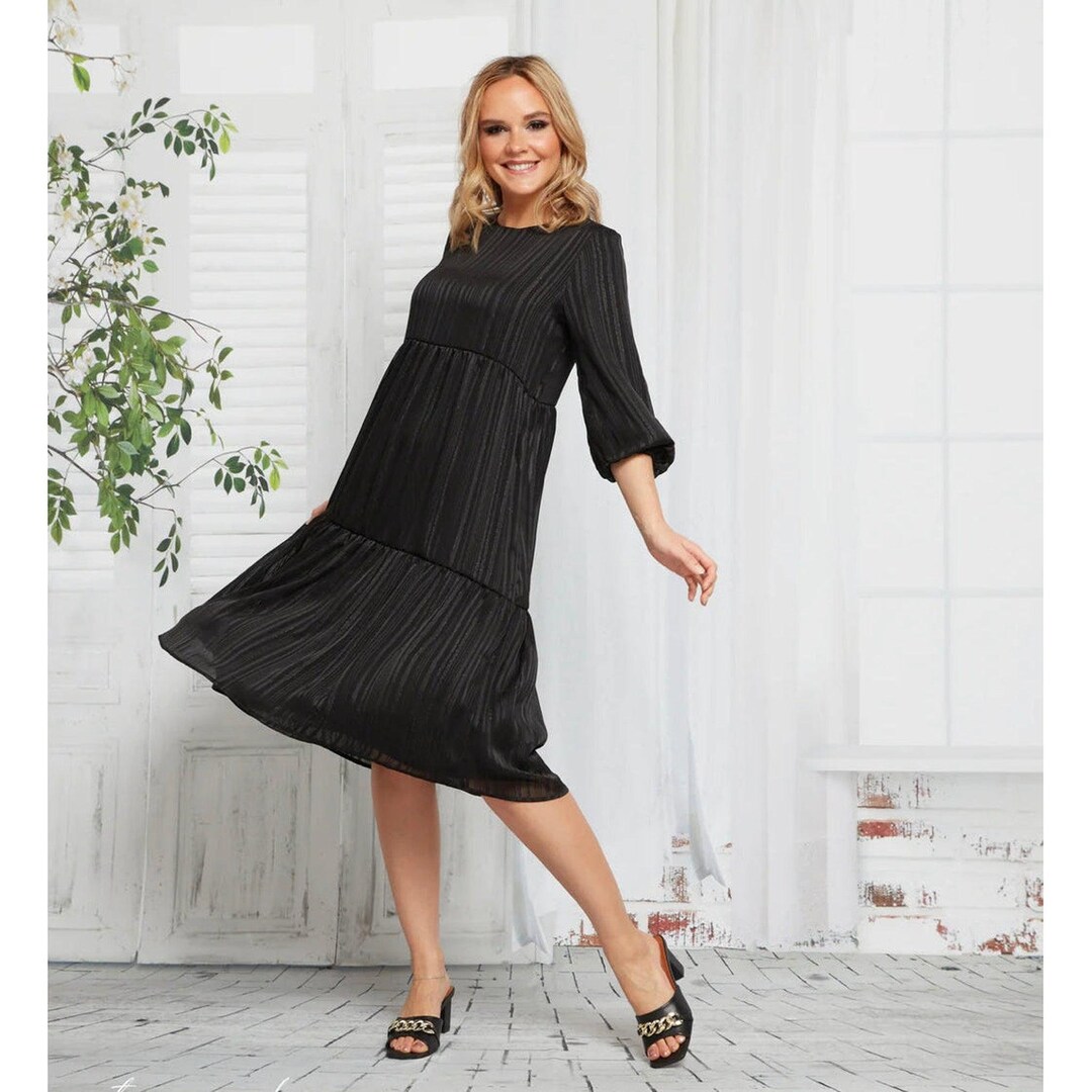 Pretty Black Tiered Women’s Dress, XS-XL, Modest Flattering Frock ...