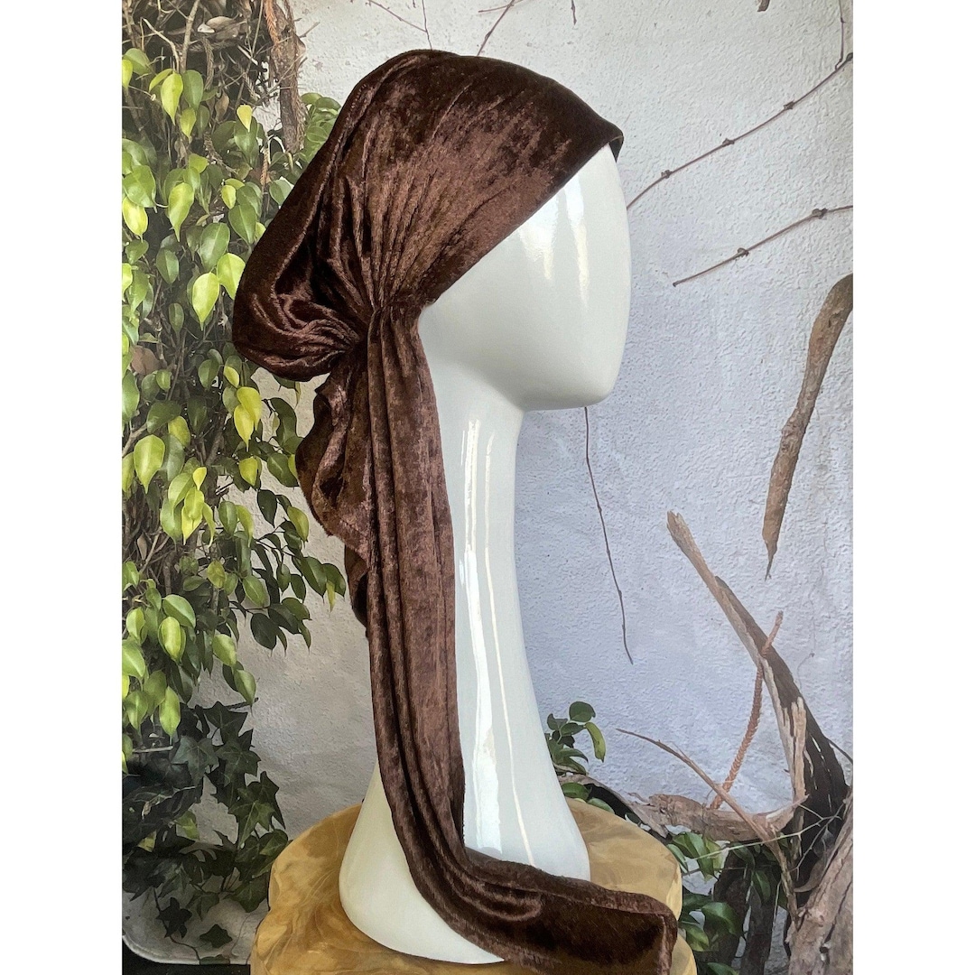 Crushed Velvet Stretchy Pre Tied Head Scarf, Chocolate Brown, Long ...