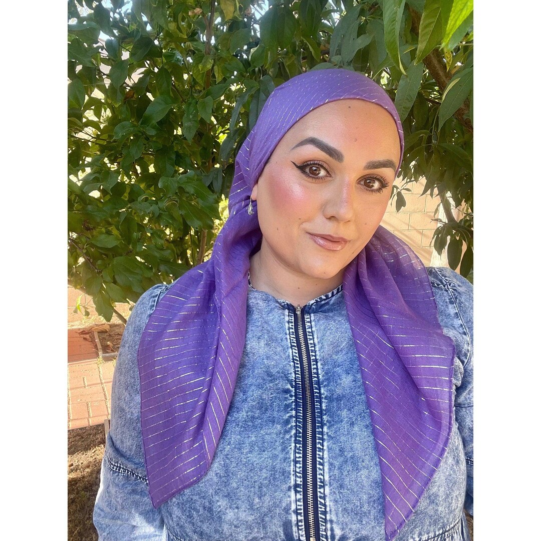 Large Square Head Scarf for Women, Cotton W/ Lurex Threads, Purple ...