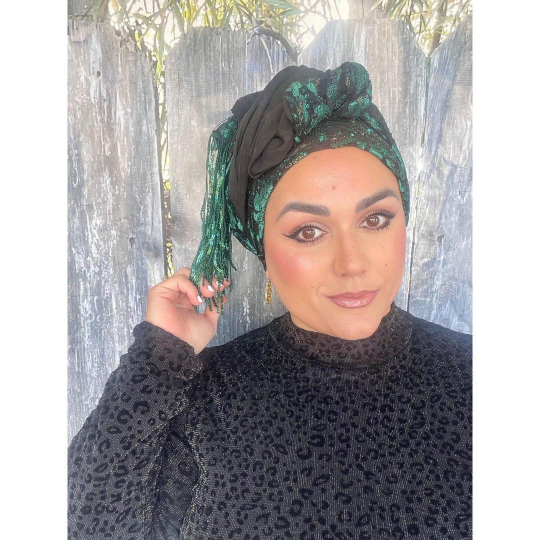 Israeli Head Cover for Women, Emerald, Part Textured Black Chiffon ...