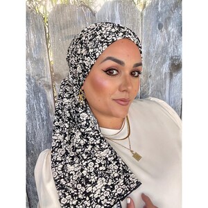Black Floral Pleated Long Headscarf for Women, Israeli Head Wrap, Hijab ...