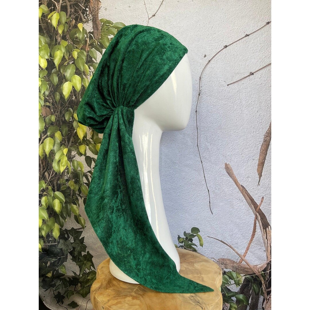 Crushed Velvet Stretchy Pre Tied Head Scarf, Emerald Green, Long Tails ...