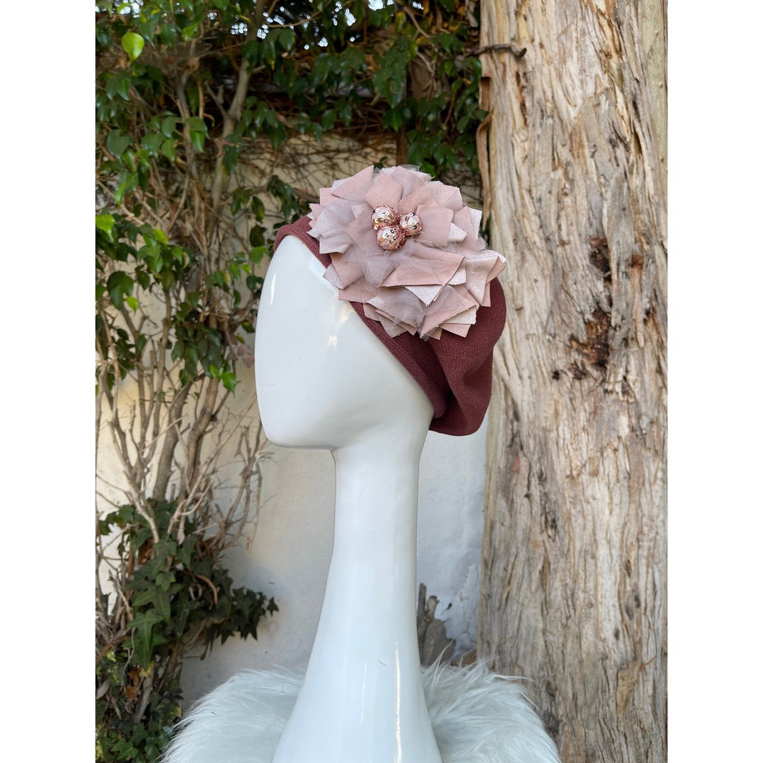 Embellished Cotton Beret for Women, Rosey/brown Ruffles, Medium/large ...