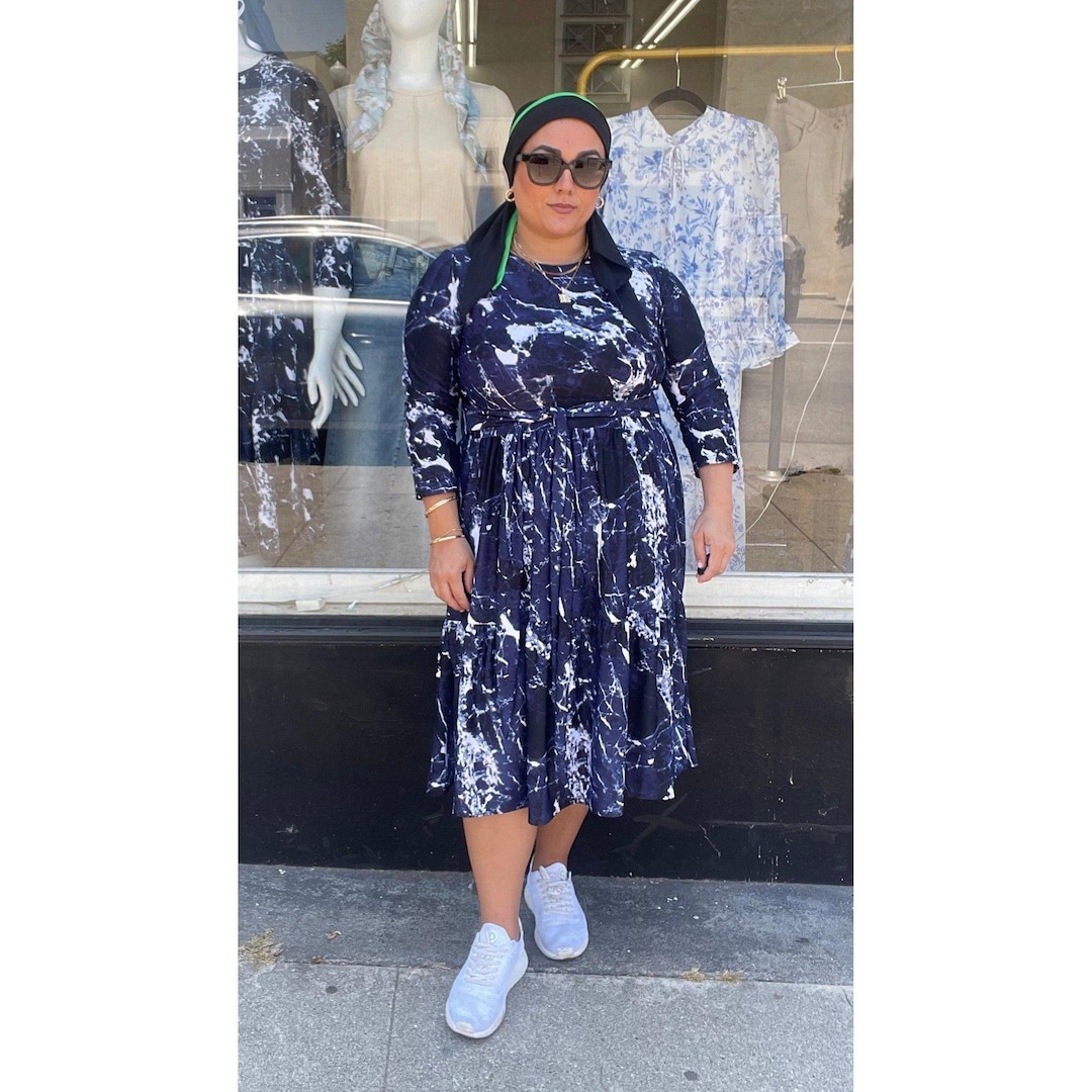 Modest Tiered Swim Dress for Women, Marble Print, SM-XL, Ladies Bathing ...