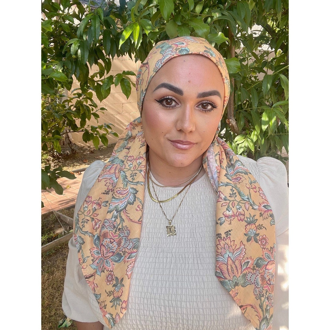 Large Israeli Cotton Square Head Scarf, Golden Summer Print, 43 ...