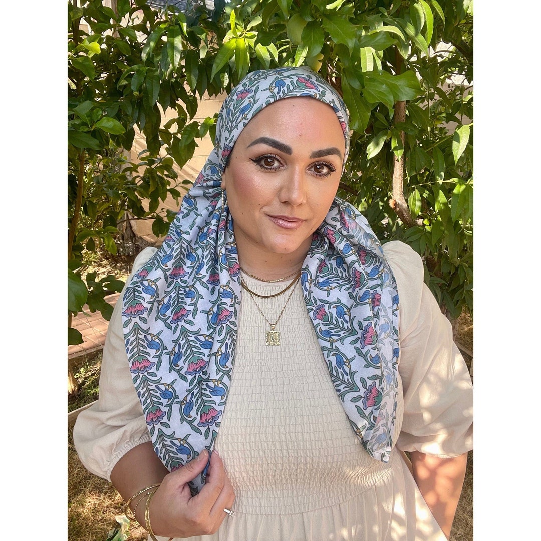 Large Israeli Cotton Square Head Scarf, Thistle Floral Print, 43 ...