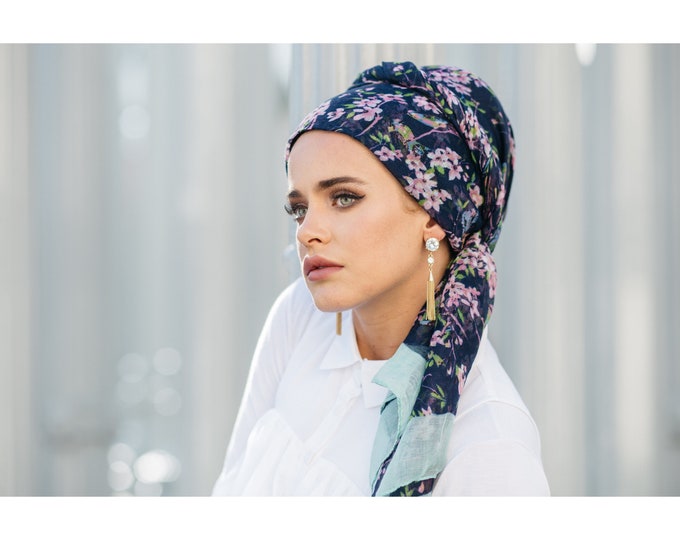 Pleated Long Head Scarf for Women, Navy Blue, Hijab Headwrap, Chemo ...