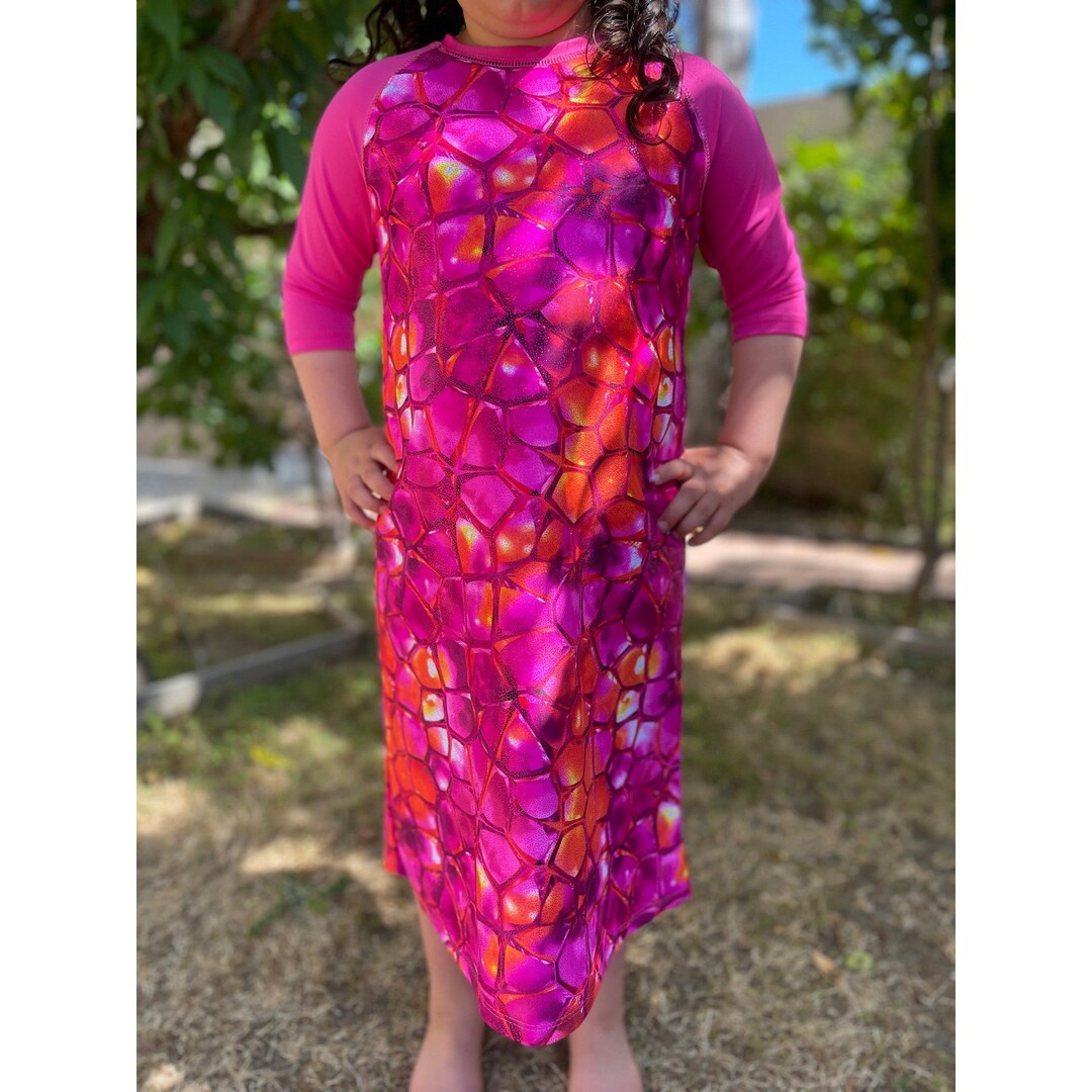 Modest Swim Dress for Adolescence Girls, Pink & Orange Glitter Print ...