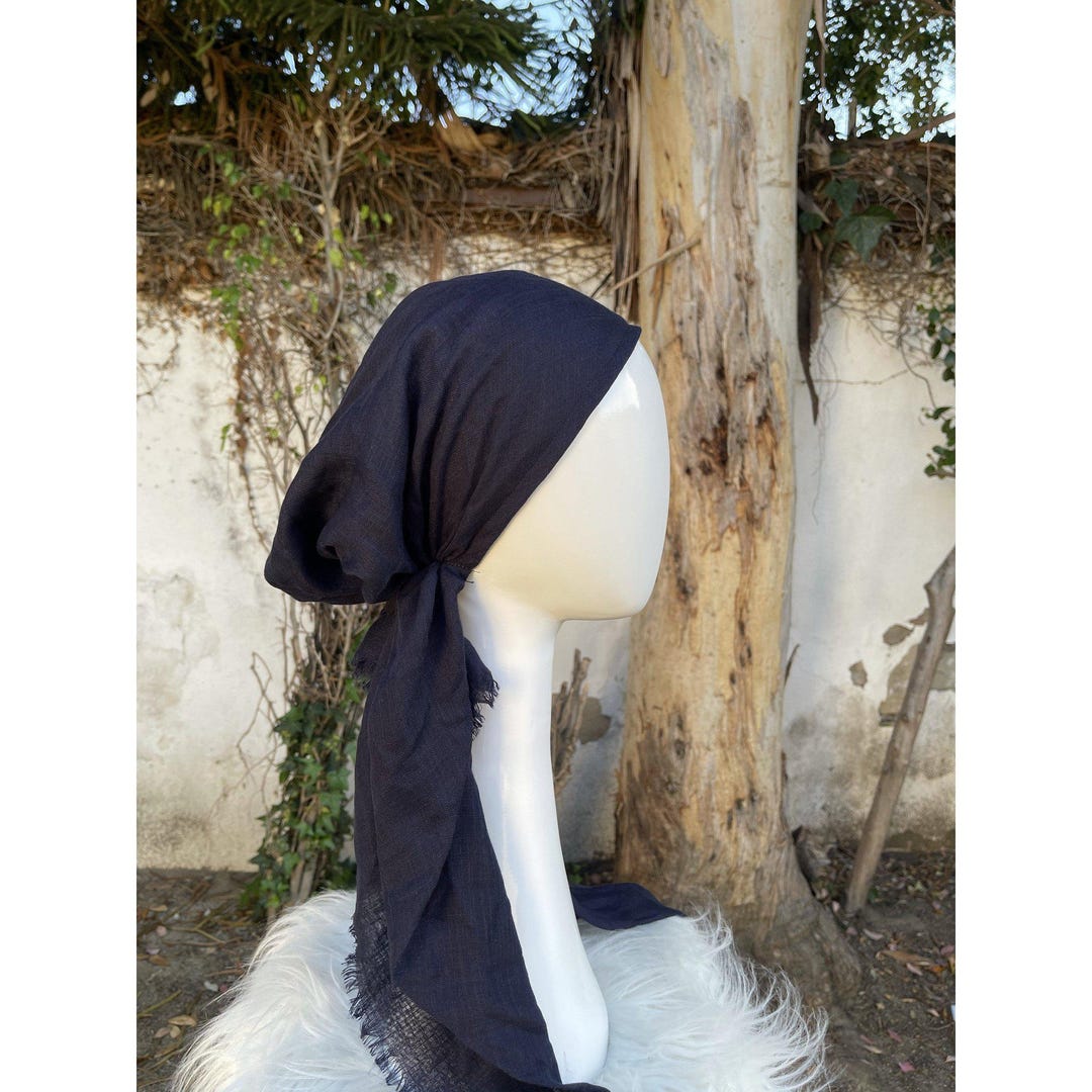 Pre Tied Head Scarf for Women, Navy, Long Tails, Cotton Textured Slip ...