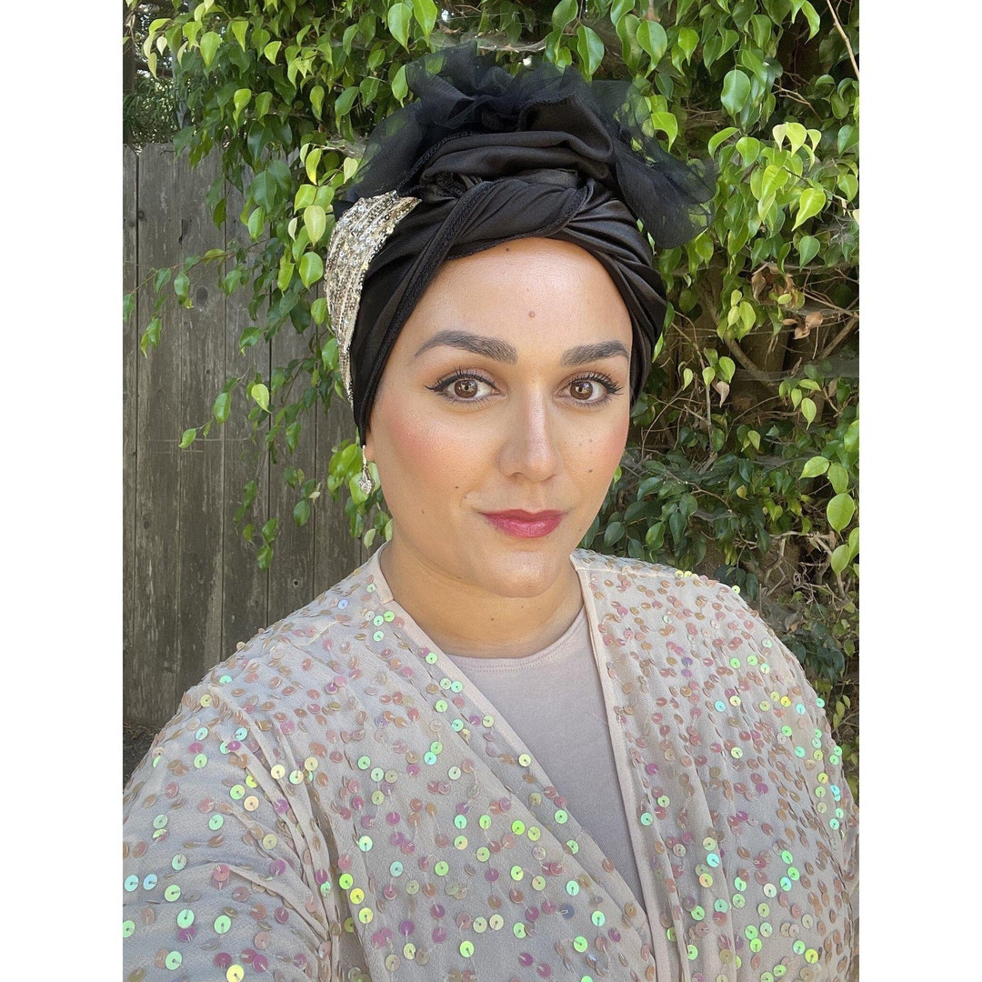 Elegant Triangle Headwrap for Women, Black/gold, Satin, Sequins and ...