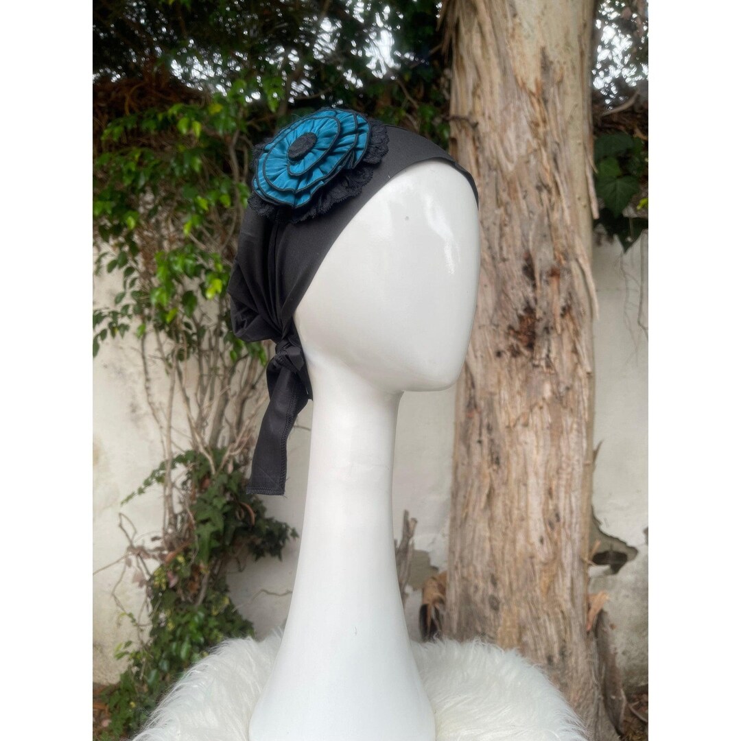 Embellished Sinar, Black Base W/ Teal Blue, Cotton Turban Head Cover ...