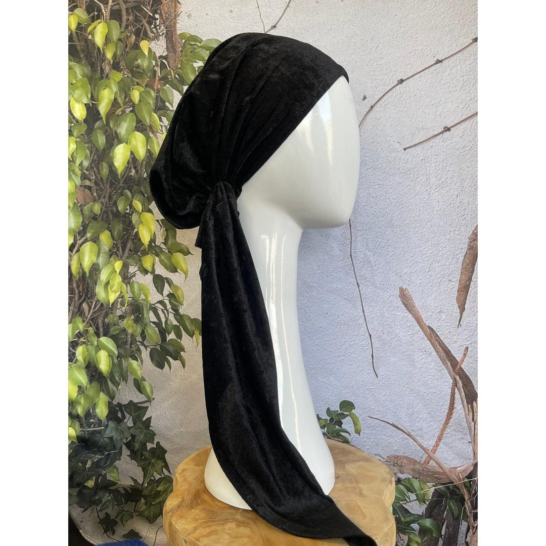 Crushed Velvet Stretchy Pre Tied Head Scarf, Black, Long Tails, Velvet ...