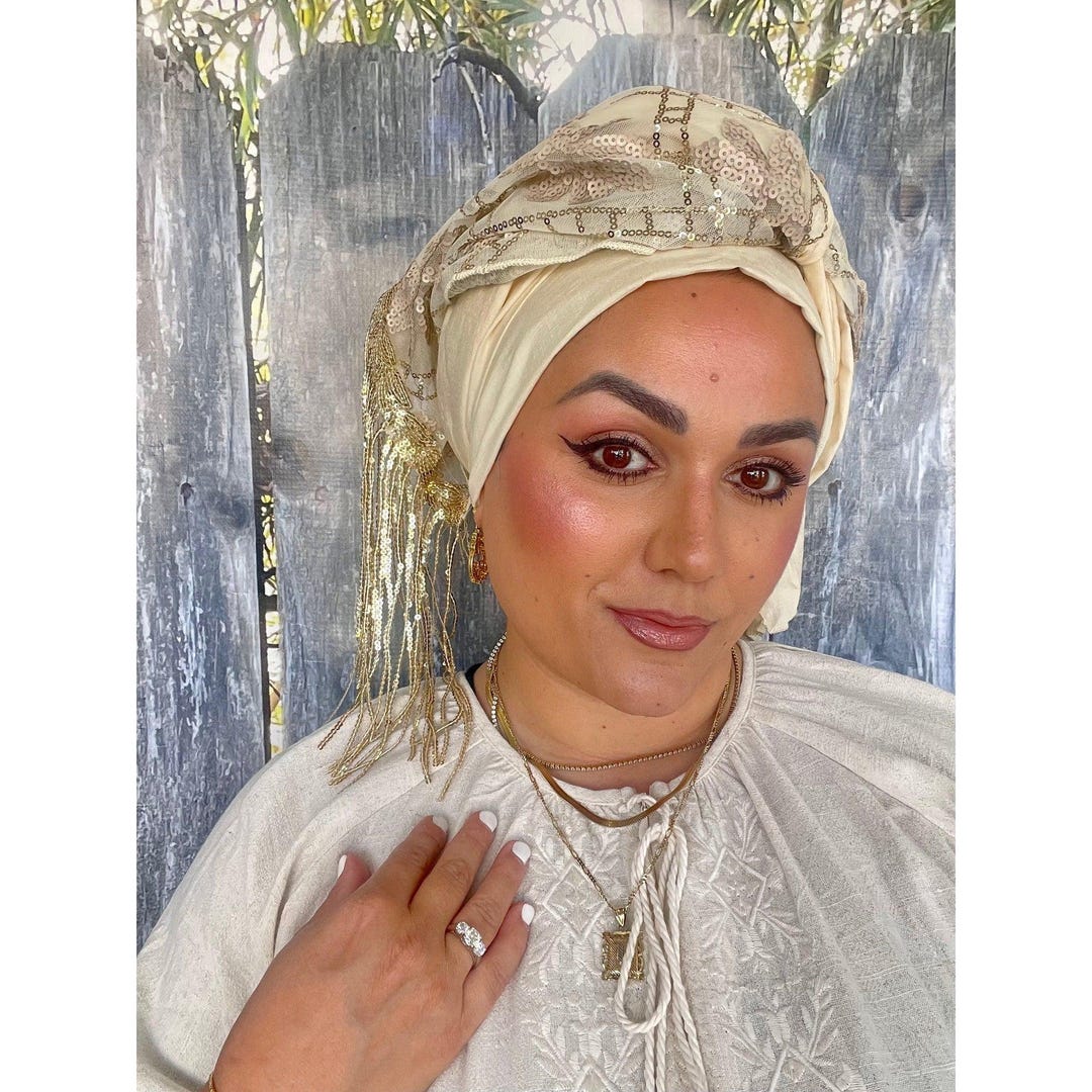 Celestial Luxe Israeli Tassel Head Wrap, Creme, Elegant Hijab Head ...