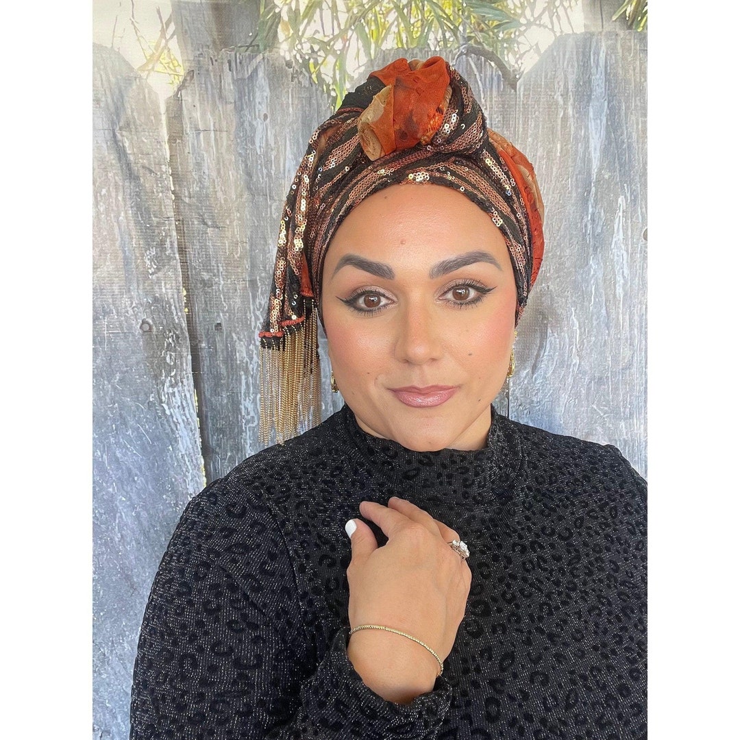 Israeli Head Covering, Sequins and Floral Print Tassel Headwrap, Black ...