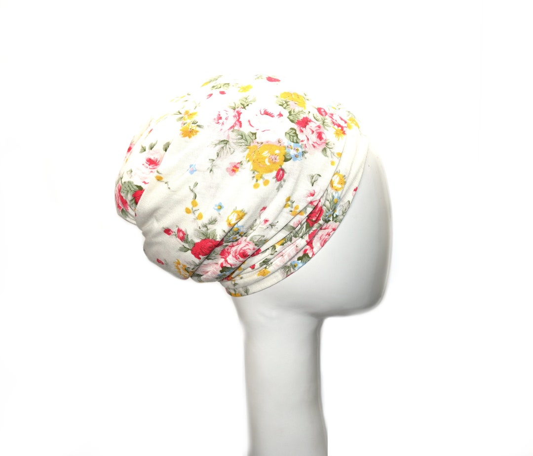 Jersey Tichel Headcovering, Hijab Head Scarf, Cream W/ Floral Design ...
