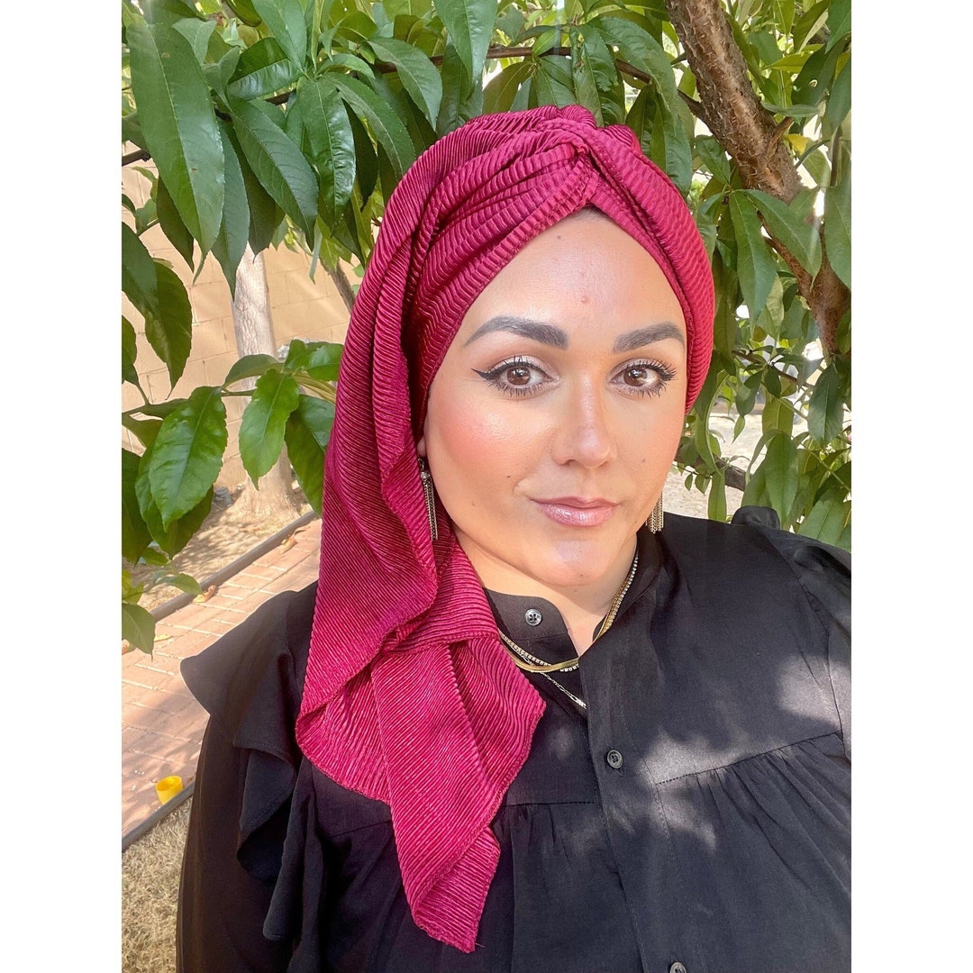 Pleated Long Head Scarf for Women, Bordeaux Red, Hijab Headwrap, Chemo ...