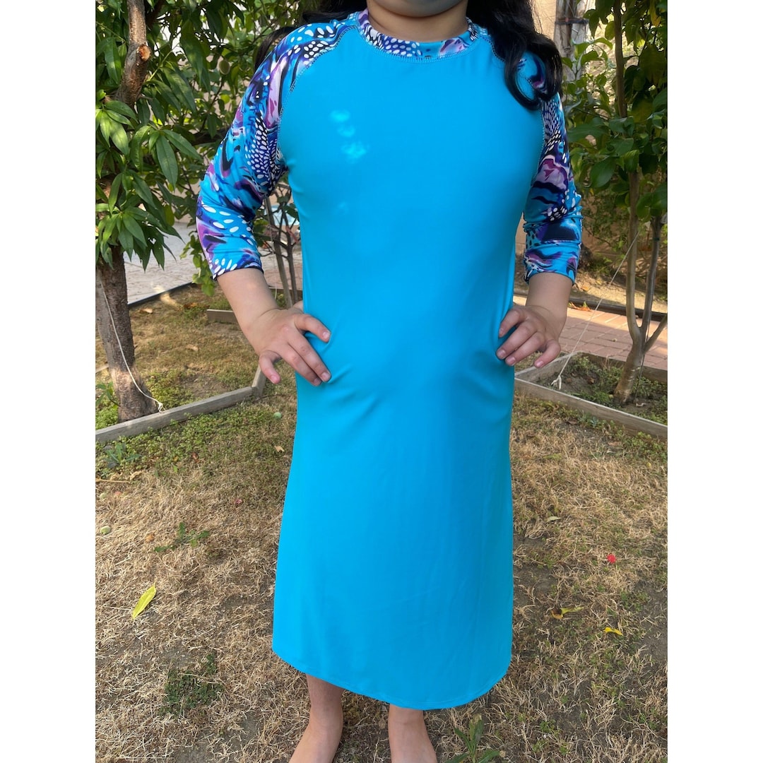 Modest Swim Dress for Adolescence Girls, Turquoise Print, Sizes 7-16 ...