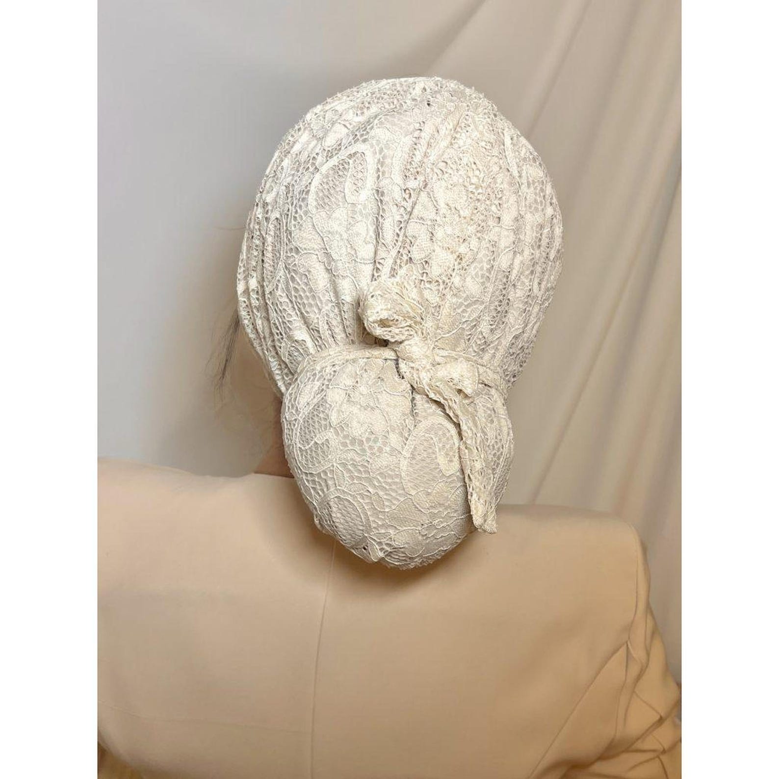 Chic Women’s Head Scarf, Slip on & Tie Closure, Cream Lace Set, Elegant ...