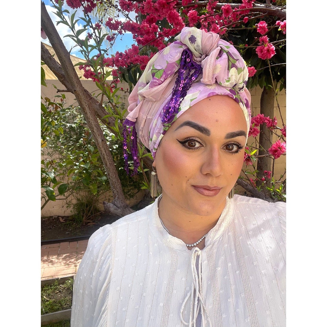 Luxe Israeli Floral Print Head Wrap for Women, Purple, Sequins, Elegant ...
