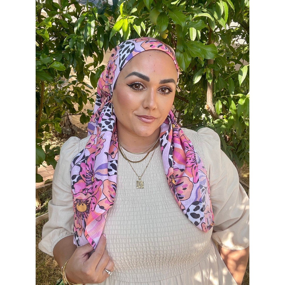 Large Israeli Cotton Square Head Scarf, Tiger Lily Print, 43” Bandana ...