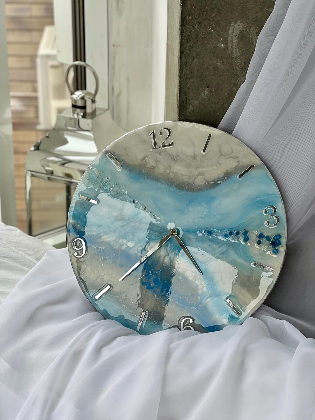 Light Blue Resin Art Clock, Silver Marble Nautical Resin Decor, Wavy ...