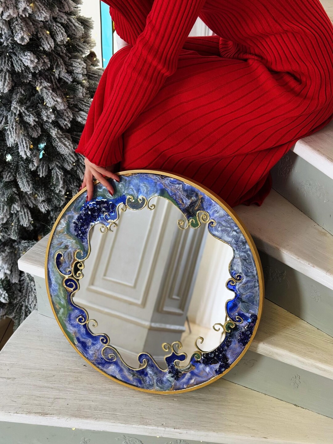 Handmade Mid Century Epoxy Crystal Mirror, Deep Blue Accent Custom ...