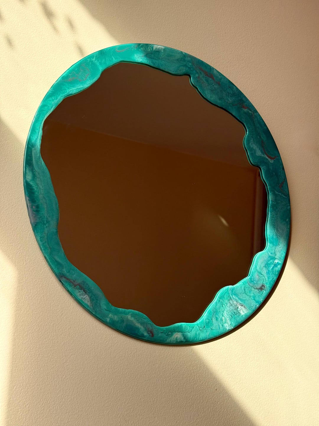 Turquoise Epoxy Framed Mirror, Art Deco Round Wall Mirror, Handmade ...