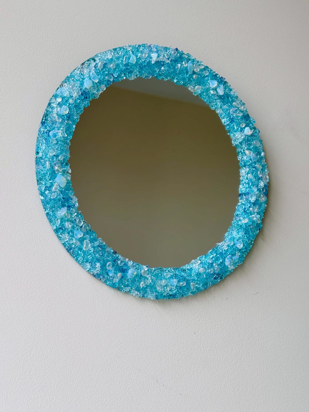 Light Blue Crystal Round Mirror, Unique Home Decor, 16 Inch - Etsy