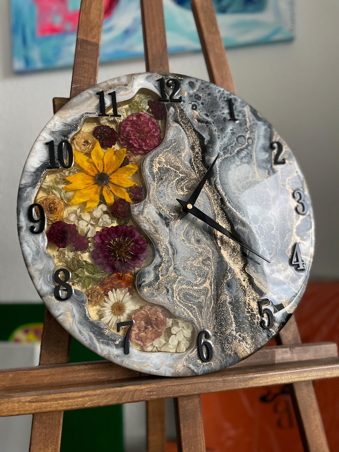 Botanical Epoxy Resin Clock, Nursery Wall Clock, Pressed Flower Art ...