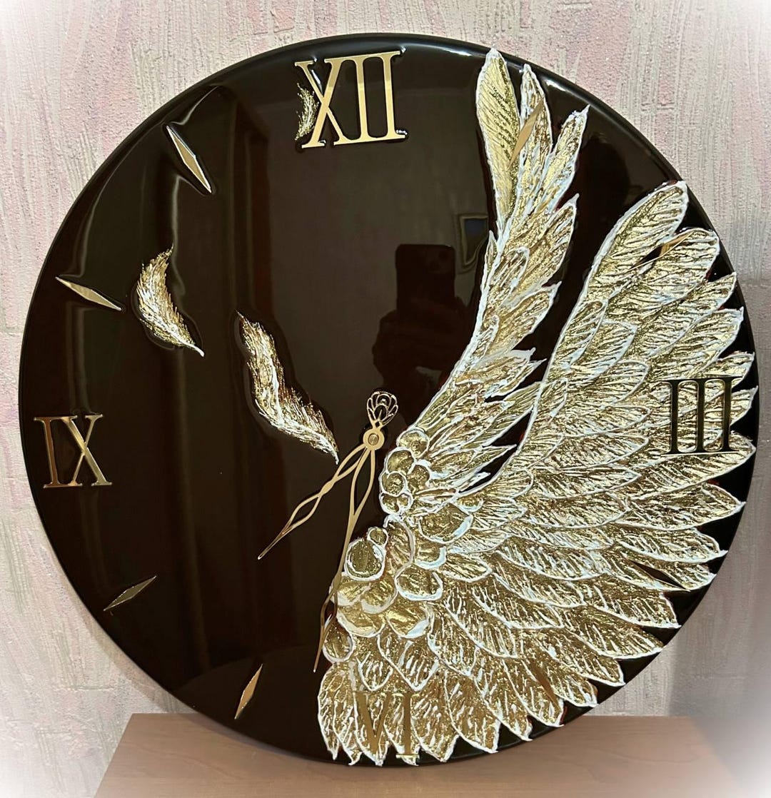 Angel Wings Epoxy Wall Clock, Brown Wall Art, Large Wall Clock, Unique ...