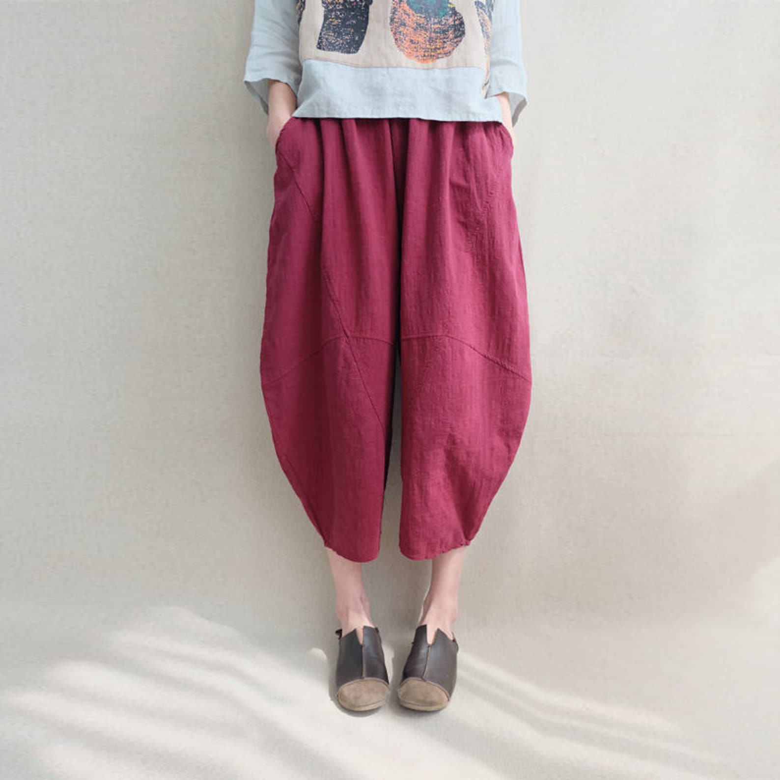 Women Calf-length Pants Cotton Capri Pants Elastic Waist Linen Zen ...