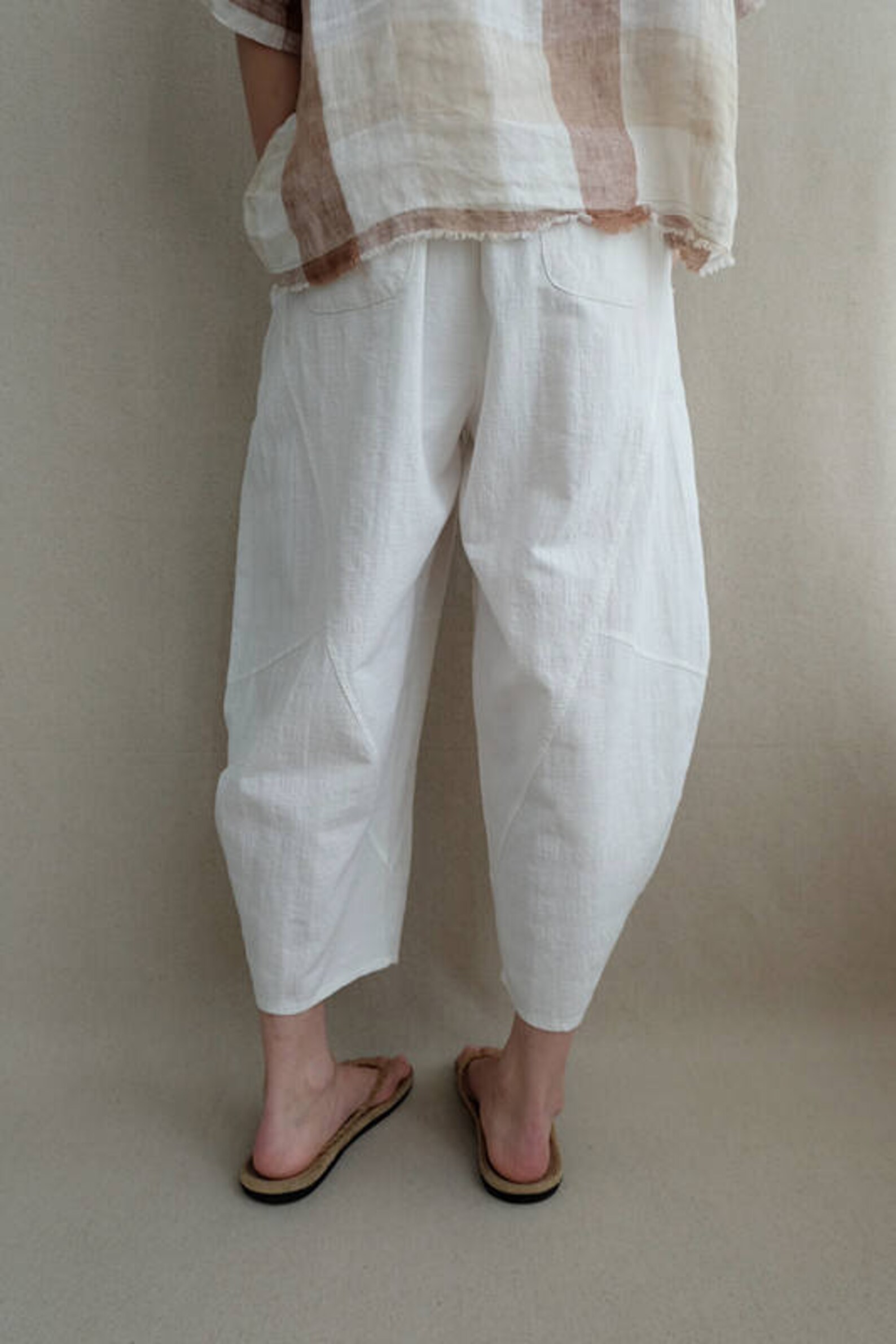 Women Calf-length Pants Cotton Capri Pants Elastic Waist Linen Zen ...