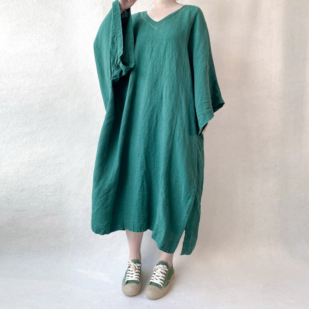 Dropped Shoulders Linen Maxi Dress, Puffy Sleeve Linen Dress V-neck ...