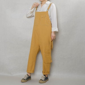 Yellow Overalls Unisex Linen Jumpsuits Garden Romper With Pockets ...