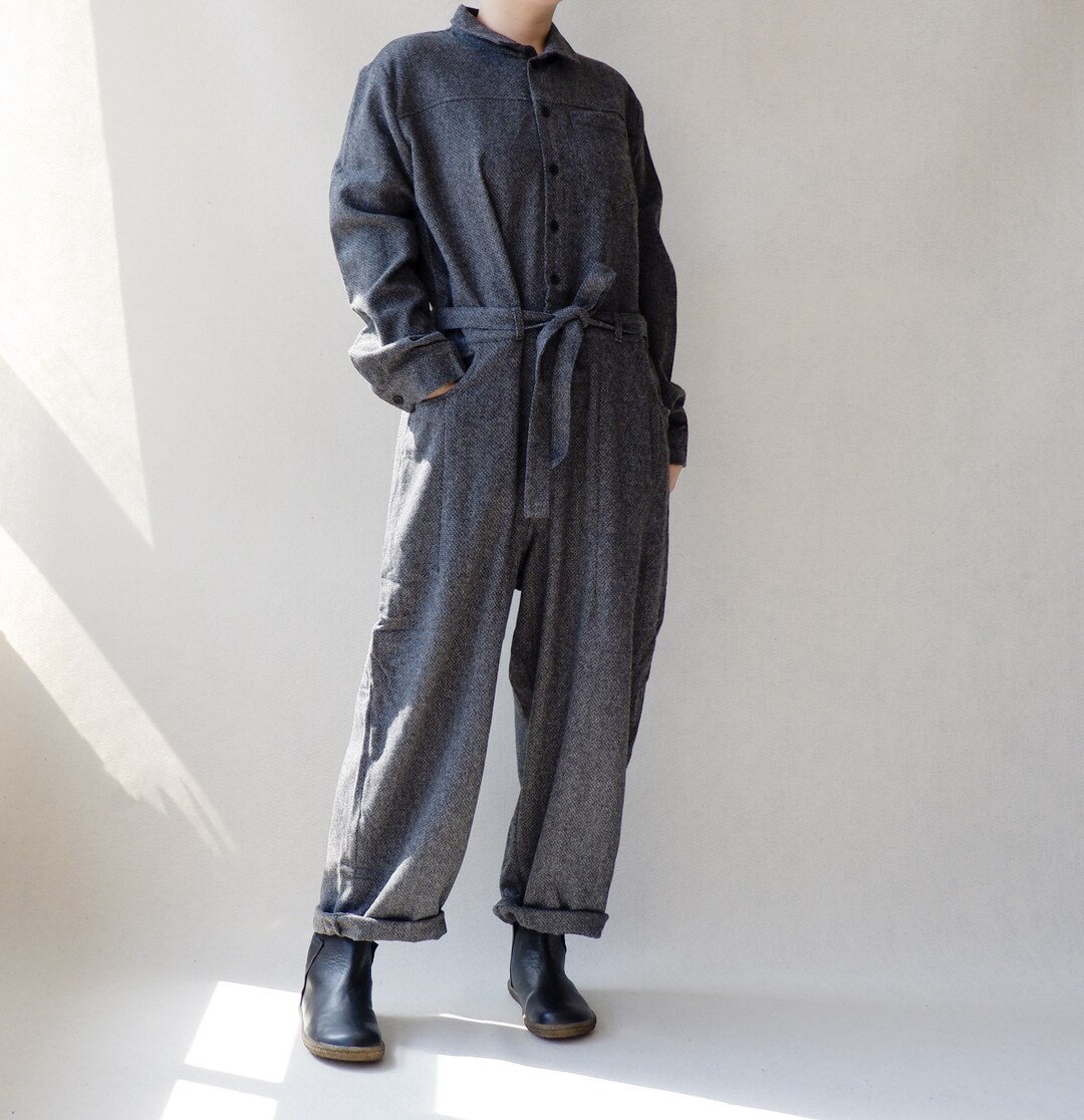 Wool Wide Leg Wrap Jumpsuits Winter, Vintage Wool Romper, Loose Fit ...