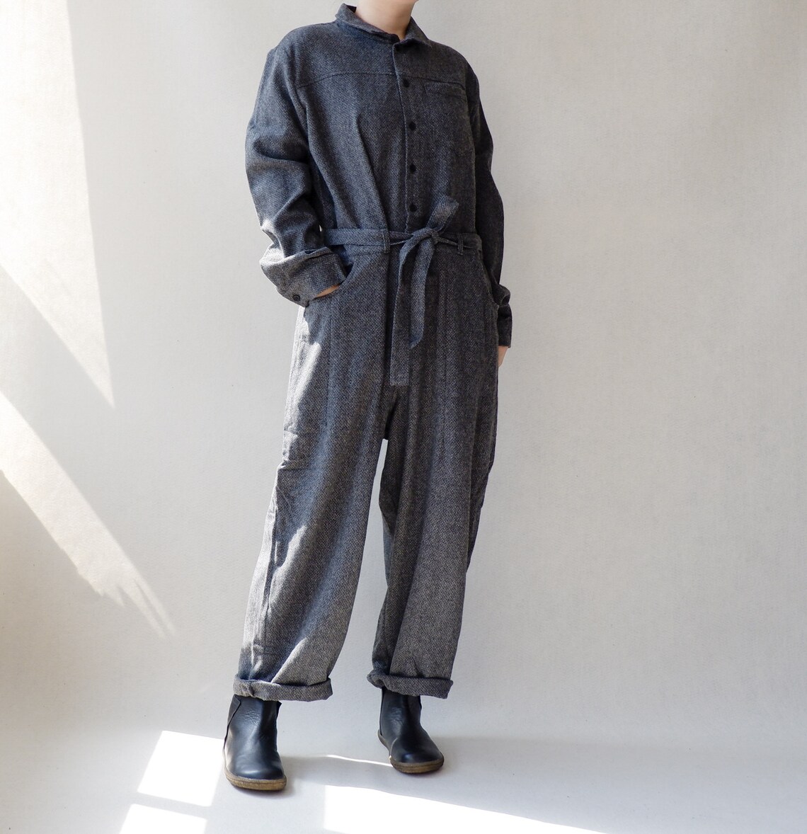 Wool Wide Leg Wrap Jumpsuits Winter, Vintage Wool Romper, Loose Fit ...