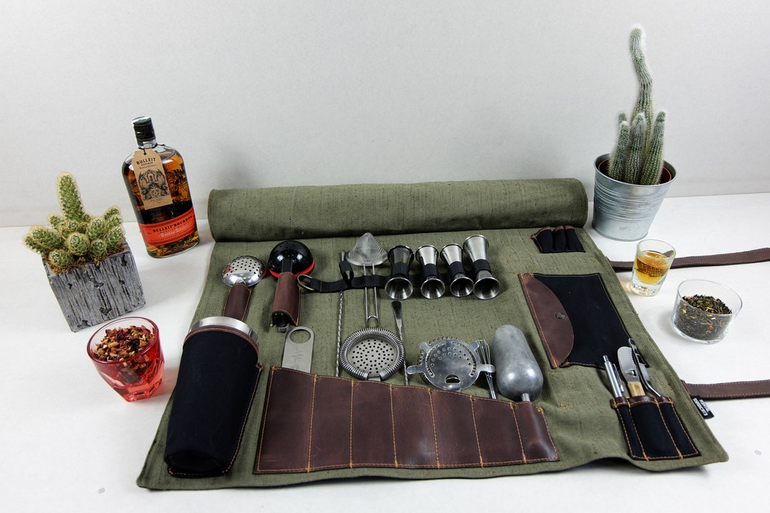 Personalized Barware Bag, Waxed Canvas Bartender Kit Roll Utensil ...