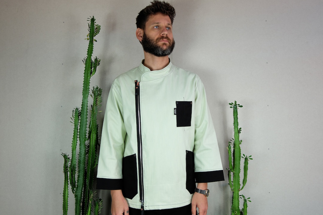 Zipper Closure Chef Coat, Heavy Duty White Denim With Contrast Pockets ...